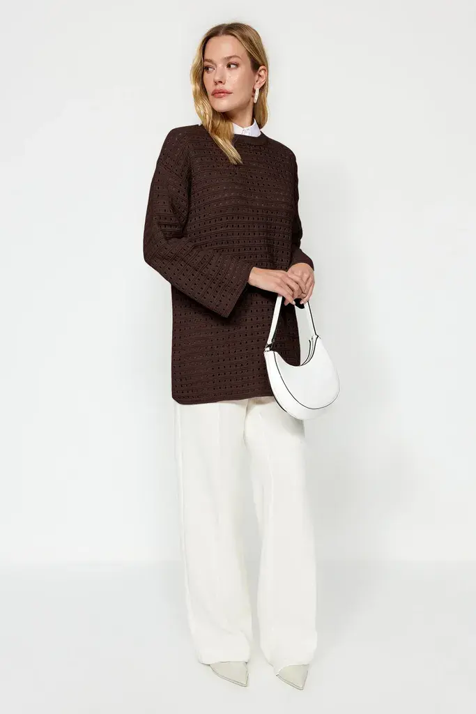 Trendyol Modest Ženski džemper Tctaw24Ak00113, Smeđi