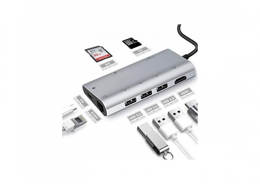 Adapter-konvertor TIP C na 3xUSB3.0+HDMI 4K+2xSD/MICRO+RJ45+TIP C