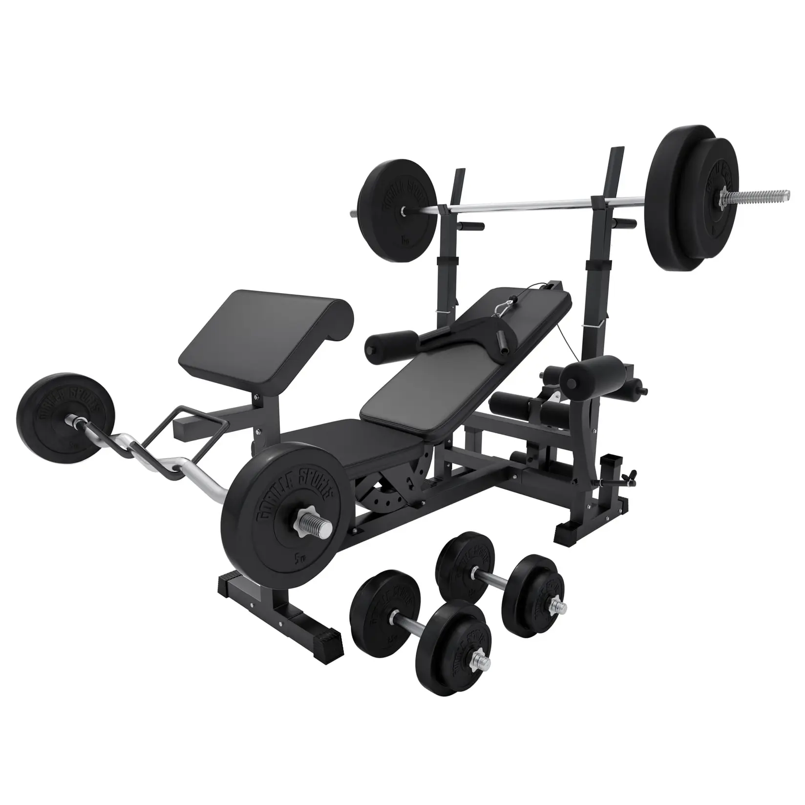 GORILLA SPORTS Multifunkcionalna benč klupa dodacima za vežbanje i tegovima 100 kg crna