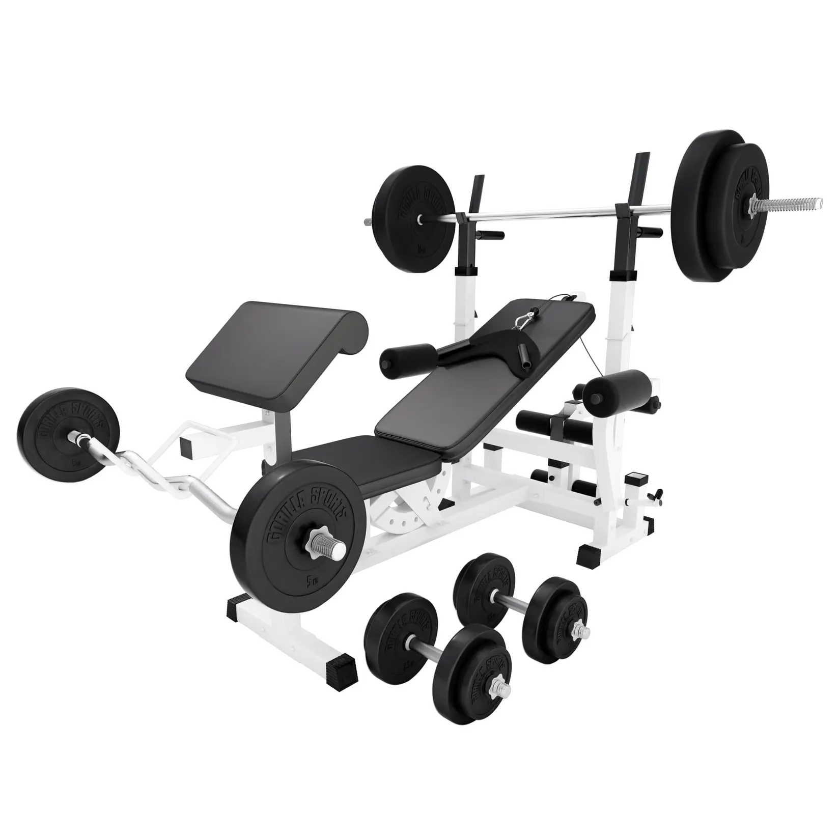 GORILLA SPORTS Multifunkcionalna benč klupa dodacima za vežbanje i tegovima 100 kg bela