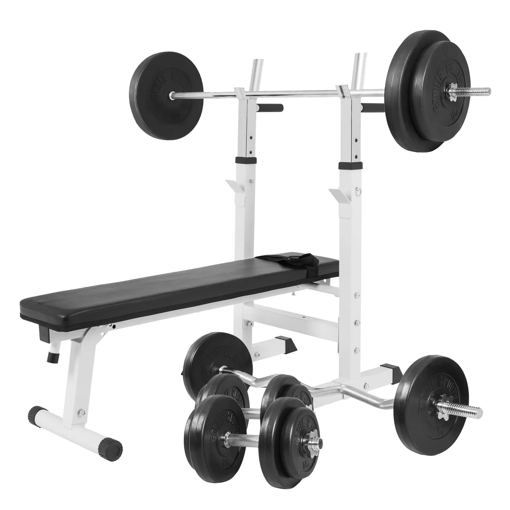 GORILLA SPORTS Benč klupa sa stalkom i setom tegova 100 kg bela