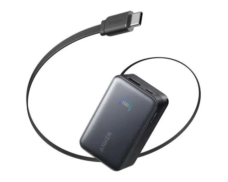 Anker Power Bank Nano, 10000mAh, 45W, USB-C kabl na izvlačenje, Crni