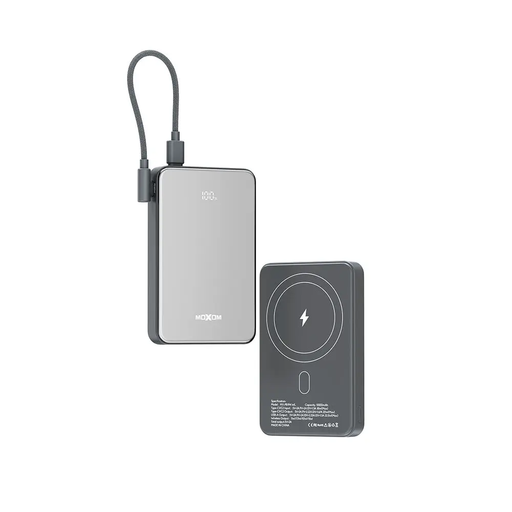 Moxom Power Bank MagSafe MX‑PB194 Fast Charge 22.5W + 15W Wireless Type‑C 10000mAh, Srebrni