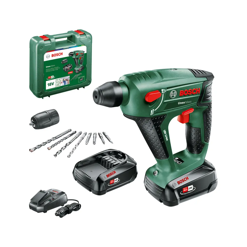 Bosch Aku čekić‑bušilica Uneo Maxx 2×2.5 Ah, 4 bita, Adapter, Burgije, Punjač, Kofer 0603952327