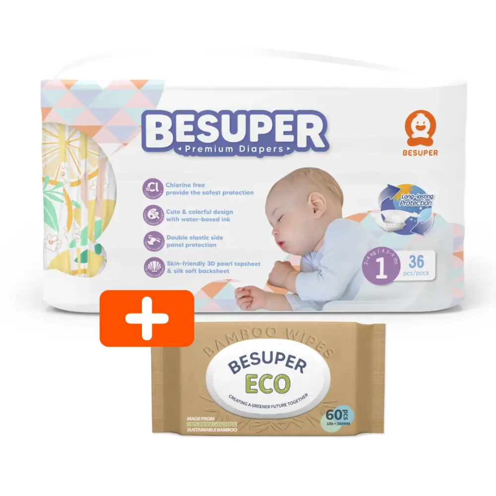 BeSuper PREMIUM Pelene 1 (NB, 2-4 kg) 3x36 kom + Vlažne maramice 1x60 kom