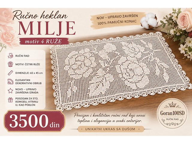 Ručno heklan MILJE 65×45 cm – Motiv 2 ruže – NOV – Uni