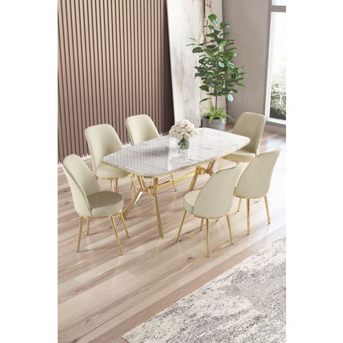 Lena - White Marble, Gold, Cream White Marble Gold Cream Dining Table & Chairs Set (7 Pieces)