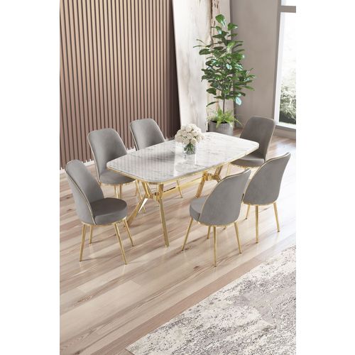 Lena - White Marble, Gold, Grey White Marble Gold Grey Dining Table & Chairs Set (7 Pieces)