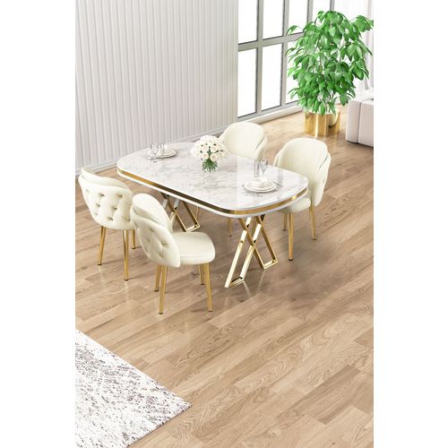 Zae - White Marble, Gold, Cream White Marble Gold Cream Dining Table & Chairs Set (5 Pieces)