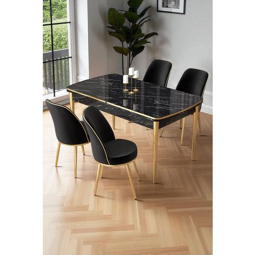 Nira - Black Marble, Gold, Black Black Marble Gold Black Extendable Dining Table & Chairs Set (5 Pieces)