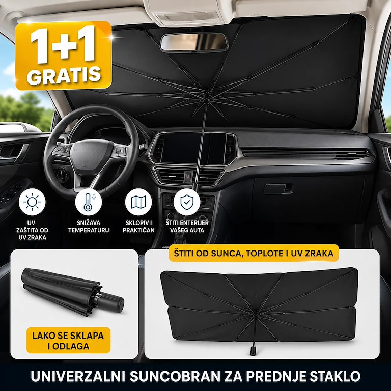 Auto Suncobran za Šoferšajbnu 1+1 GRATIS – Sklopiva Zaštita od Sunca i Visoke Temperature
Suncobran za Auto Šoferšajbnu 1+1 GRATIS – Univerzalna UV Zaštita od Sunca i Toplote