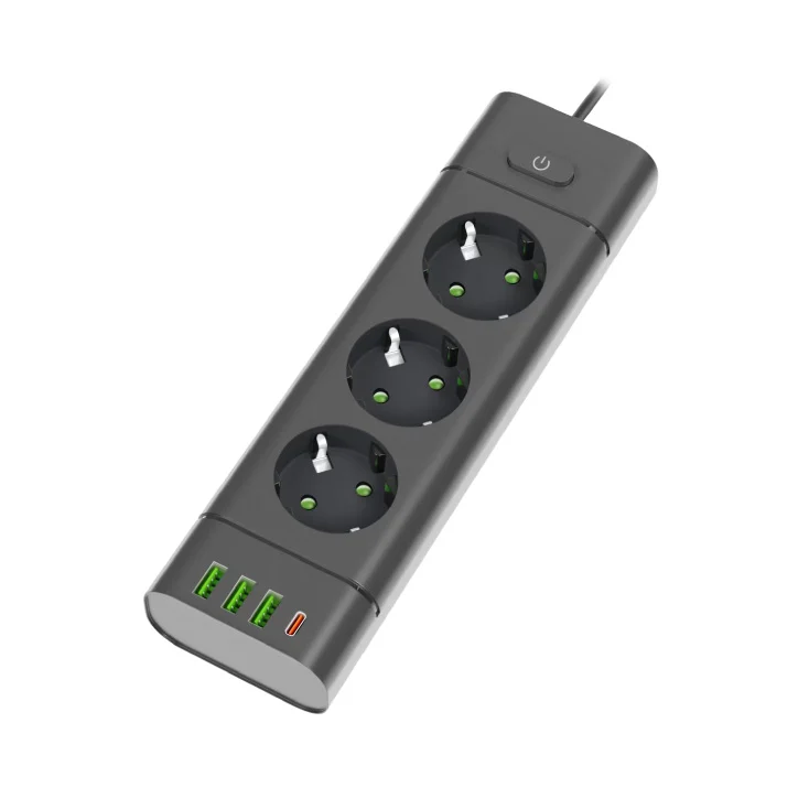 PROSTO produžni kabl sa 3 utičnice, USB i USB-C priključcima, crni