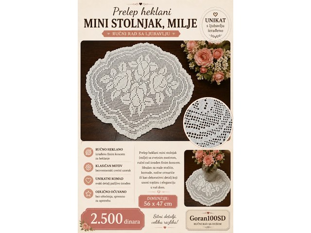 Prelep heklani mini stolnjak (milje) ručni rad 56 × 47