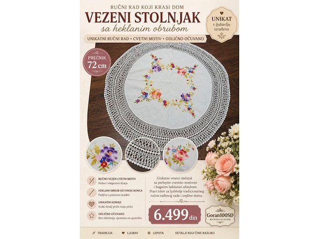 Unikatni ručno vezeni stolnjak sa heklanim obrubom – pr