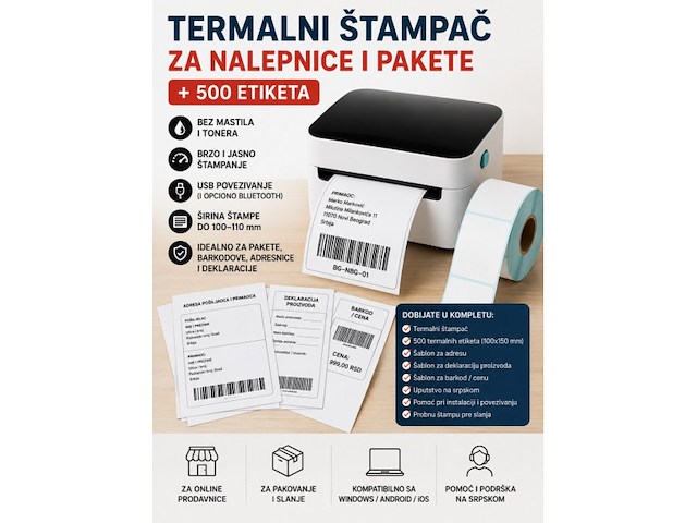 Termalni štampač za nalepnice i pakete + 500 etiketa