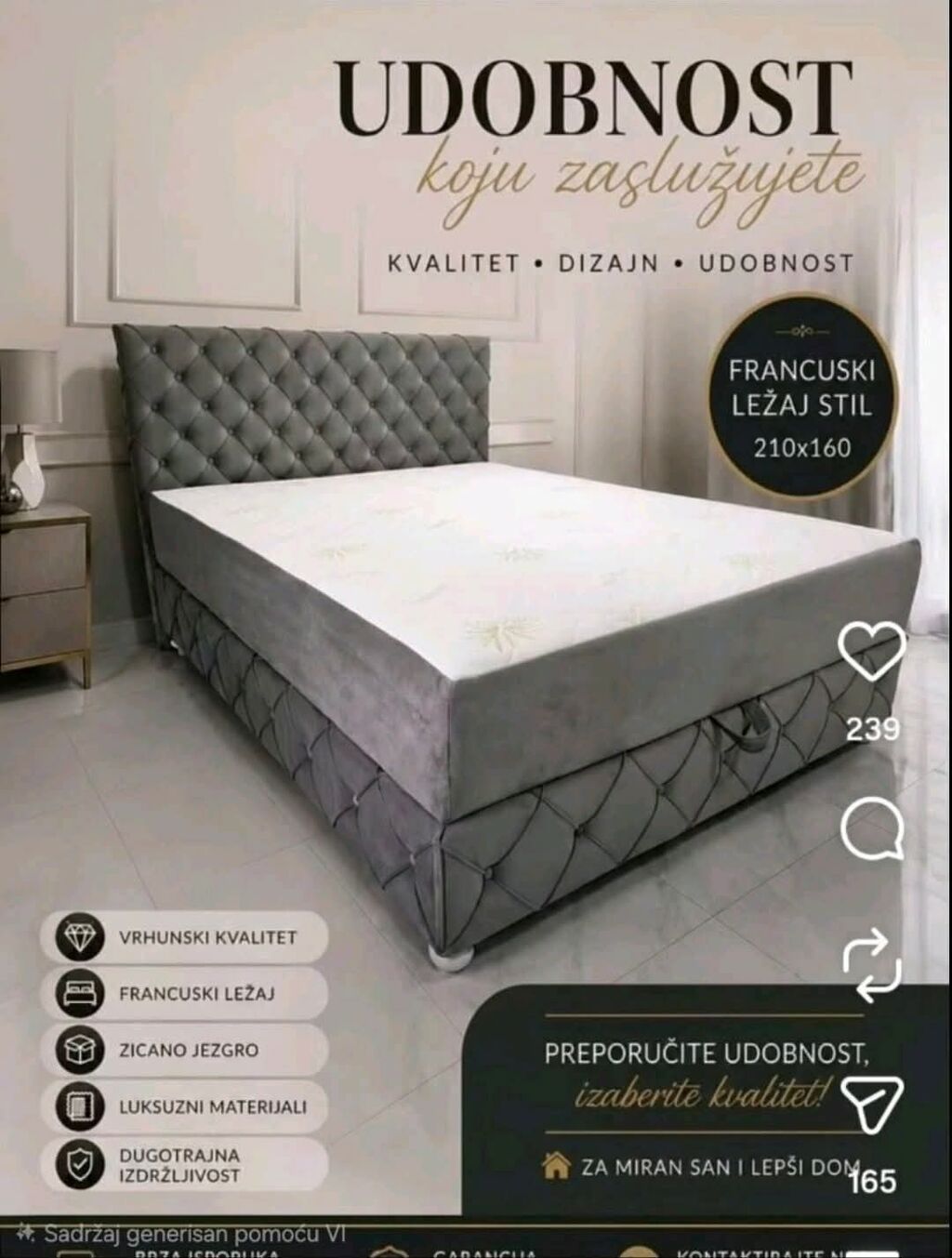 Francuski ležaj stil 210x160 - Moderan tapacirani krevet sa visokim