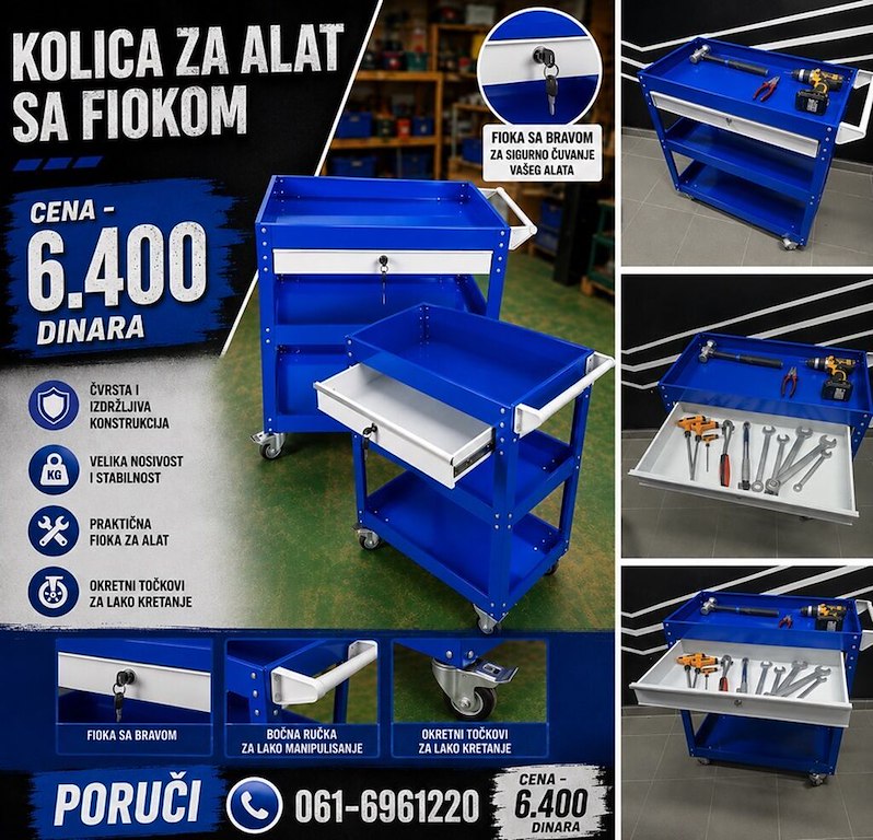 Kolica za alat sa fiokom - Čvrsta i izdržljiva metalna konstrukcija -