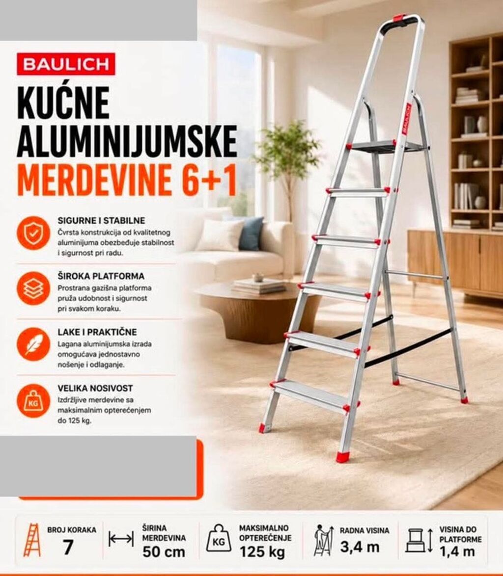 BAULICH KUĆNE ALUMINIJUMSKE MERDEVINE 6+1 Sigurnost, stabilnost i