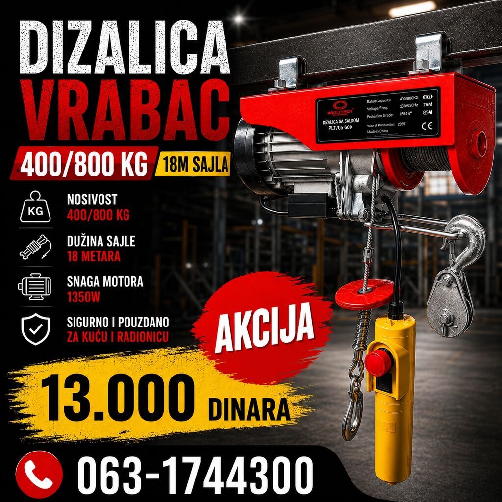 Dizalica „Vrabac“ – električni vitlo s sajlom - Nosivost: 400/800 kg