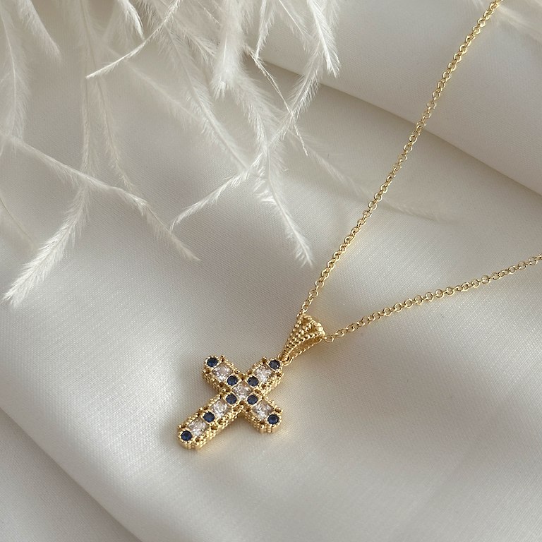 Prelepa elegantna oglica od žutog zlata sa plavim i belim cirkonima