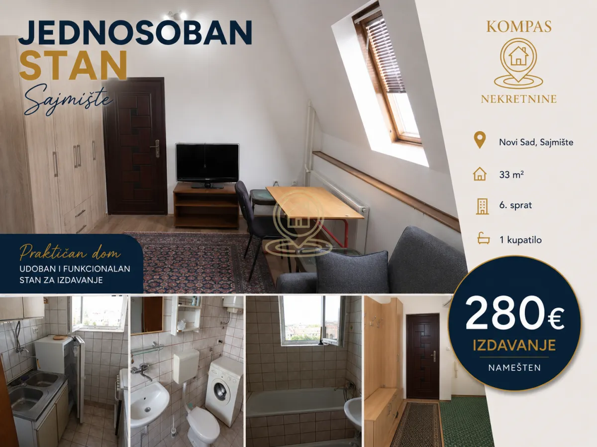 Izdavanje, jednosoban stan, 33m², Sajmište, Novi Sad
