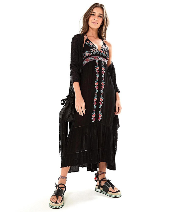 Schwarzes Langes Besticktes Strandkleid - Vestido Longo Farm Frente Única - Preto