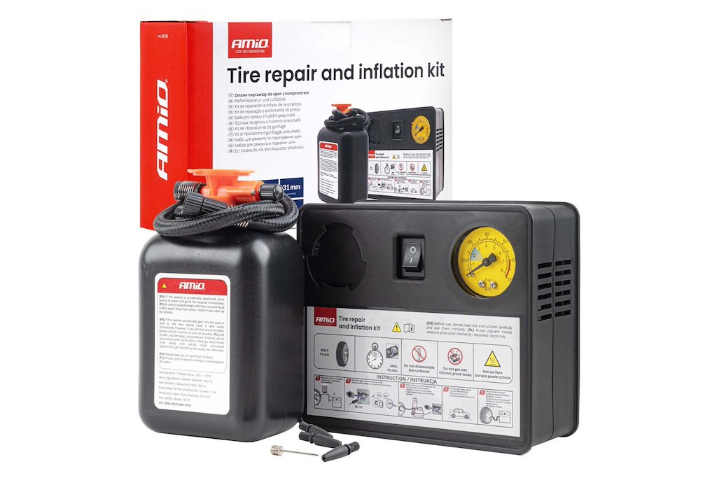 Komplet za popravku guma sa kompresorom 31 mm 12V AMIO-04930 Preporučujemo