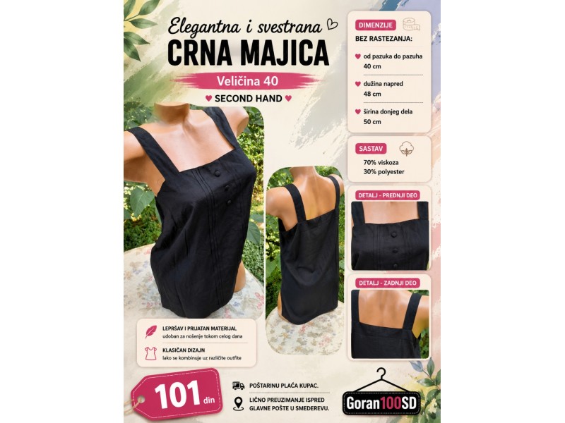 Elegantna crna majica sa širokim bretelama – bezvremens
