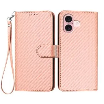 IPHONE 16 PREMIUM WALLET CASE WITH STRAP - CARBON FIBER TEXTURE - CARBON PINK