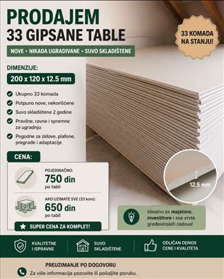 Nove gipsane table 200x120x12,5 mm 33 komada