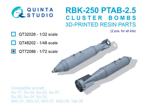 NEW! Quinta Studio QT72086 RBK-250 PTAB-2.5М Cluster Bombs - 3D-Printed (2 pcs / for All Kits)