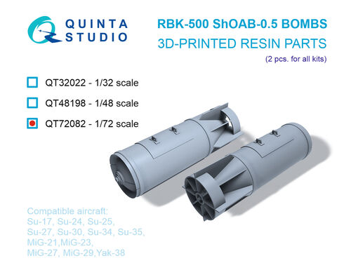 NEW! Quinta Studio QT72082 RBK-500 ShOAB-0.5 Bombs - 3D-Printed (2 pcs / for All Kits)