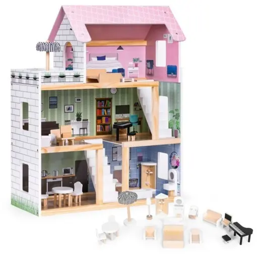 ECO TOYS Drvena kućica za lutke sa 3 sprata, terasom i setom od 15 komada nameštaja