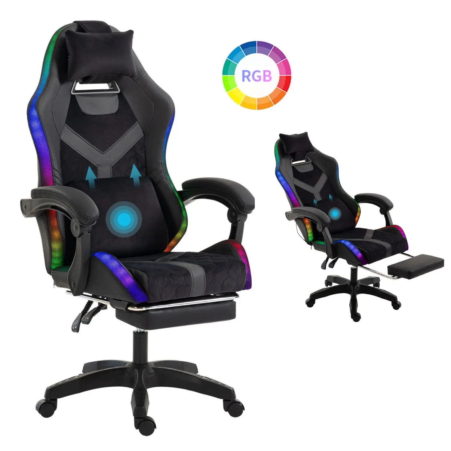 Trick Gejmerska stolica sa RGB osvetljenjem, lumbalnim masažerom i dodatkom za noge THE MAGIC, materijal štof i eko