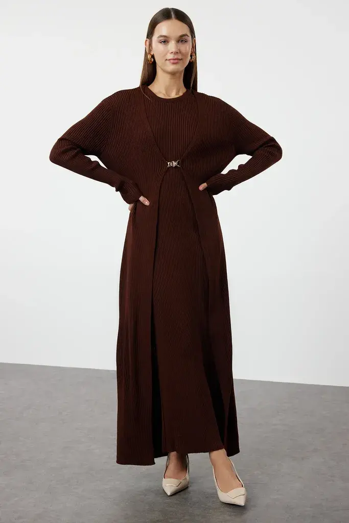 Trendyol Modest Ženska haljina Tctaw23Us00118, Smeđa