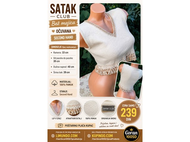 Bež pamučna majica SATAK CLUB – atraktivan kratki kroj
