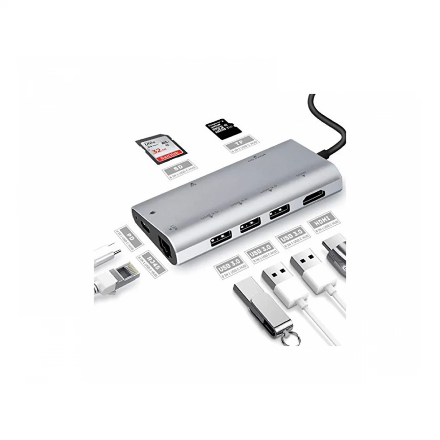 FAST ASIA Adapter-konvertor TIP C na 3xUSB3.0+HDMI 4K+2xSD/MICRO+RJ45+TIP C