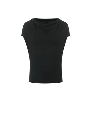 CRNI SVETLUCAVI ŽENSKI TOP SA ELEGANTNIM DRAPIRANJEM