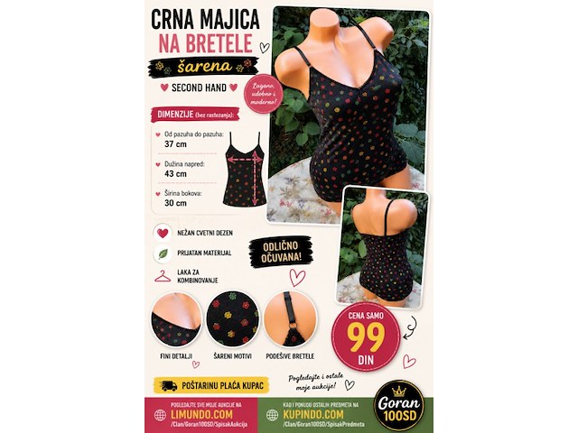 Crna majica na bretele sa sitnim cvetnim dezenom
