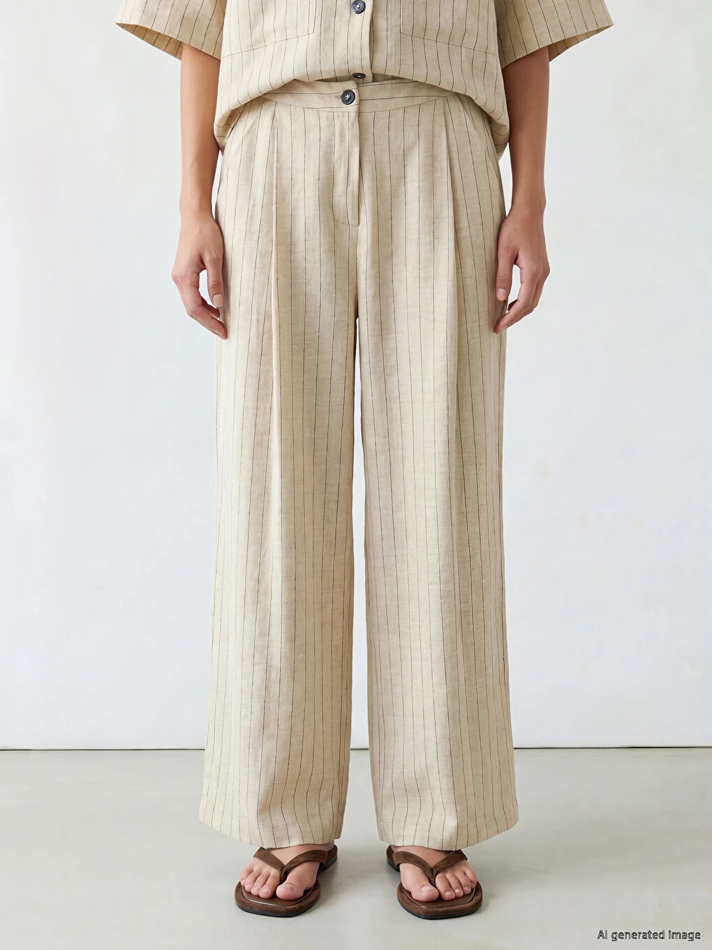 LCW Modest Široke Nogavice Prugaste Ženske 100% Lanene Pantalone