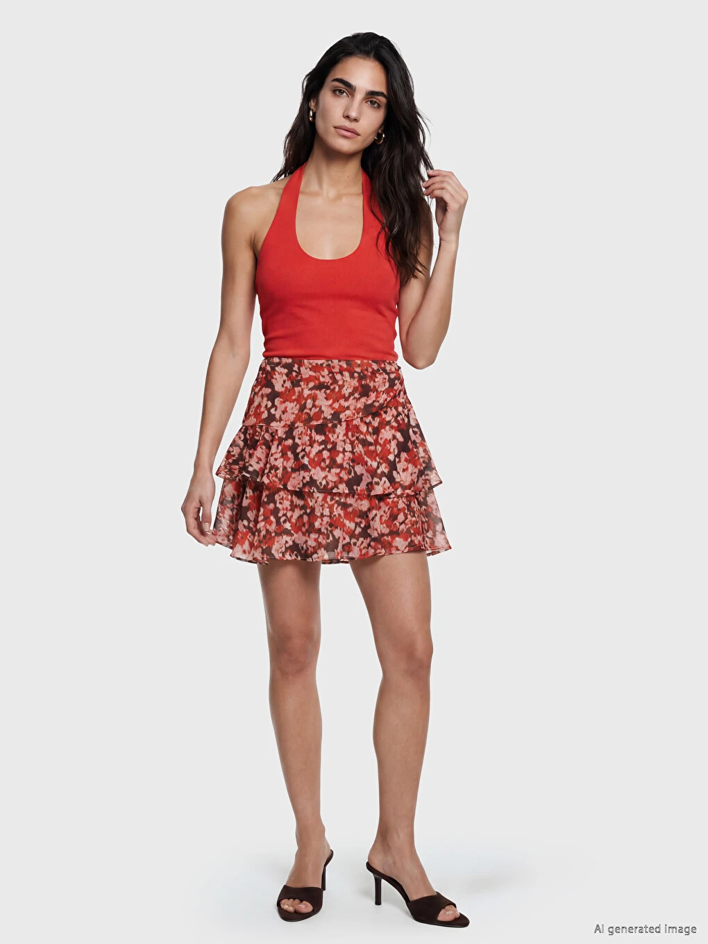 LCW Vision Slim Fit Cvetni Slojeviti Mini Skort