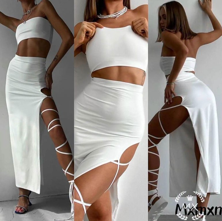 Komplet – top + maxi suknja sa slicem i trakama za vezivanje. Suknja
