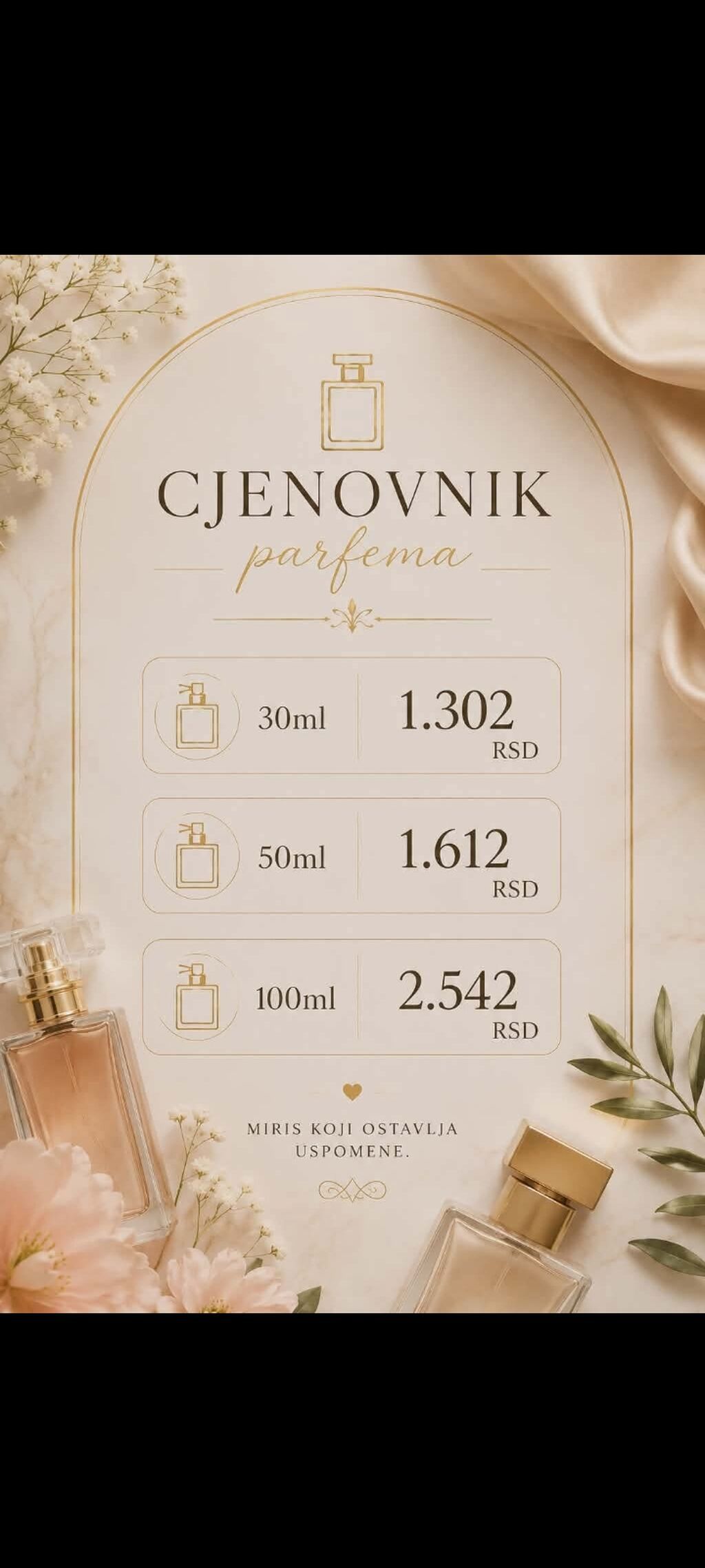 Parfemi – cjenovnik i odabrani mirisi Veličine i cijene: - 30 ml –