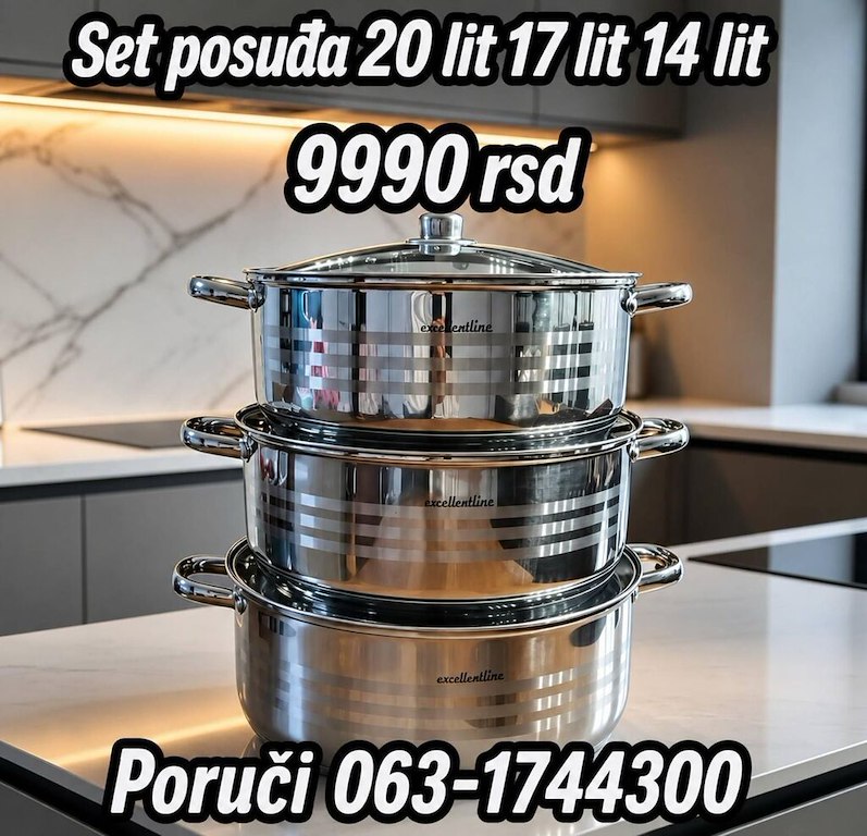 Set posuda Excellentline – tri nerđajuće šerpe velikog kapaciteta za
