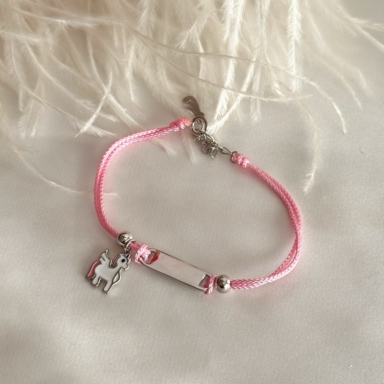 Roze jednorog, dečija narukvica na koncu od srebra