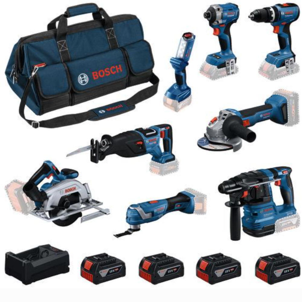 Bosch Professional Kombo set GBH 18V-22 + GWS 18V-8 + GDR 18V-215 + GSB 18V-65 + GKS 18V-57-2 + GSA 18V-28 + GOP 18V-34 + GLI 18V-300 + 4x 5.0 Ah + GAL 12V/18V-80 0615V00061ID: EK000838303