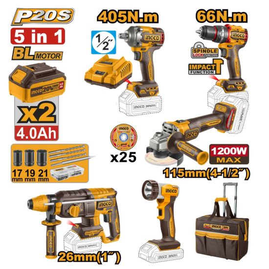 Akumulatorski set vibraciona bušilica + udarni odvrtač + čekić bušilica + ugaona brusilica + led lampa + 20V 2x4,0Ah + pribor Super INGCO CKLI20595E