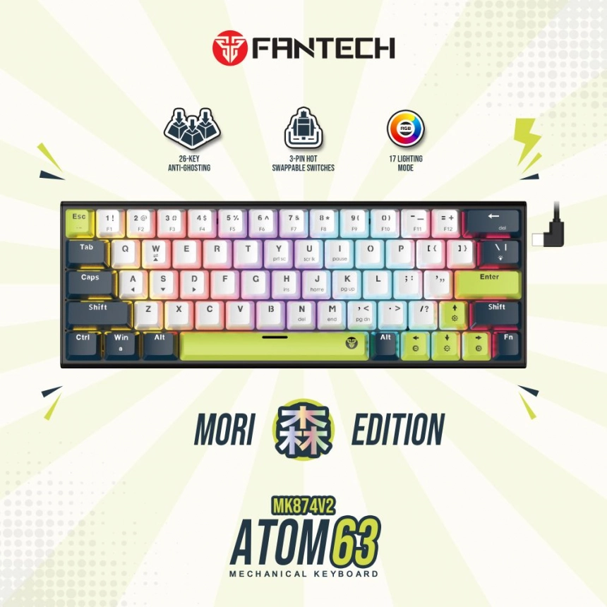 Tastatura Mehanicka Gaming Fantech MK874V2 RGB Atom 63 Mori White (taro switch)