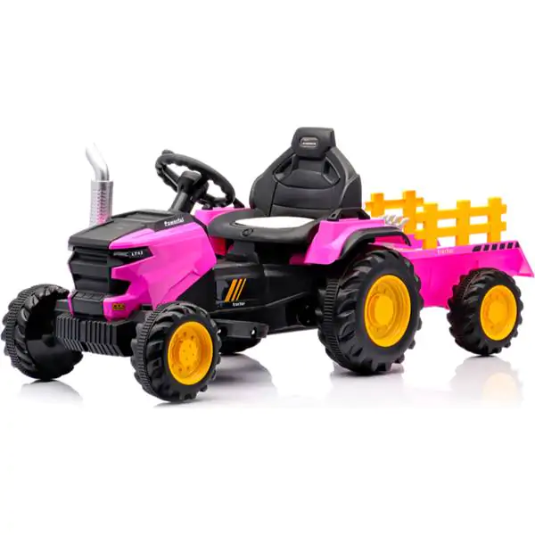 Dečiji traktor na akumulator sa prikolicom i daljinskim upravljačem Roze – 12V, Bluetooth, USB i LED svetla