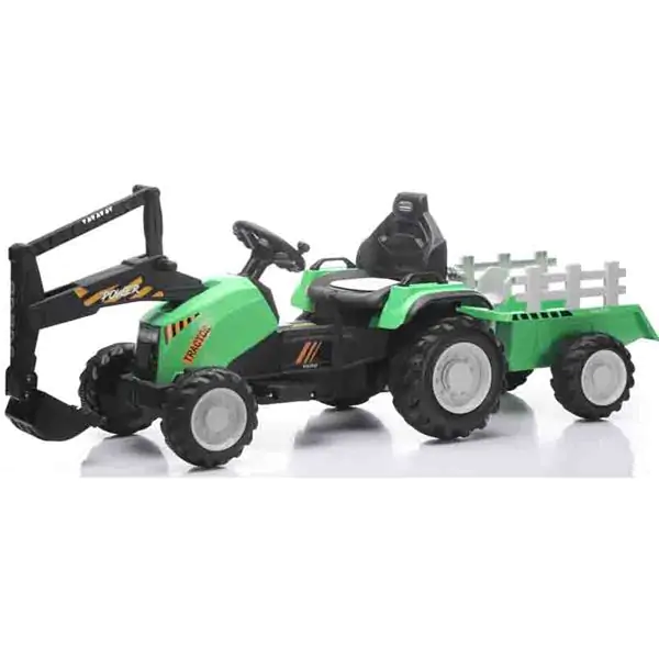 Dečiji traktor na akumulator sa prikolicom i kašikom Zeleni – 12V, daljinski upravljač, Bluetooth i LED svetla